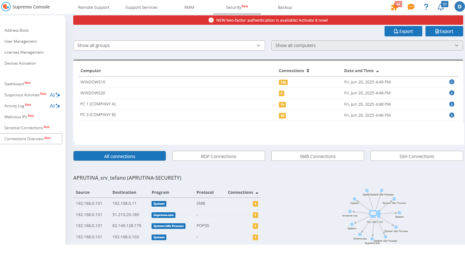 Check all internal connections, RDP, SMB and SSH - Supremo Control
